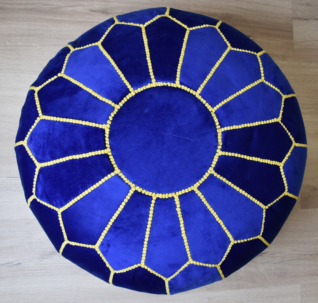 Velvet Pouf Round Blue and Yellow Floor Cushion Velvet Ottoman Scandinavian Pouffe Modern ...