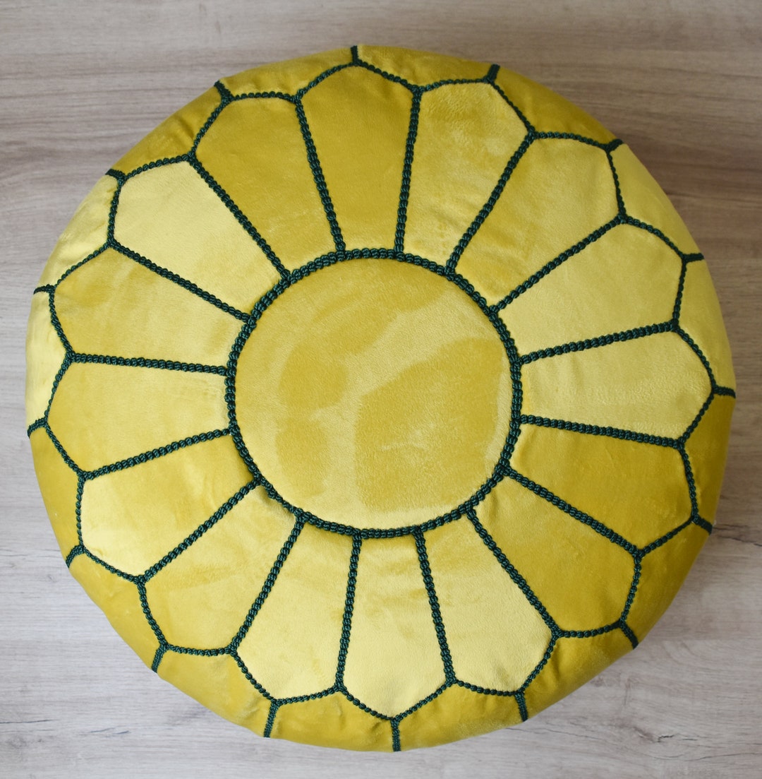 Velvet Pouf Round Yellow and Green Floor Cushion Velvet Ottoman ...