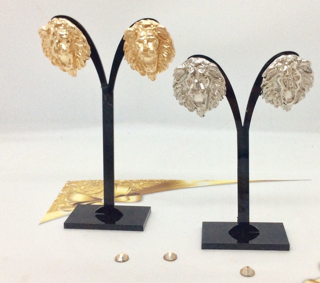 Style Gold Silver Lion Head Embossed Pierced Earrings Animal - Etsy