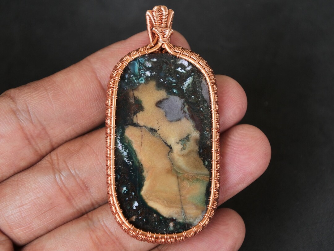 Multicolor Java Jasper,wire Wrap Copper Pendant, Blue Opalized Wood ...