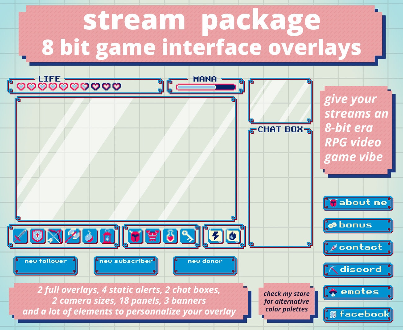 Stream Package Twitch Overlay / 8 Bit RPG Inventory Video Game Theme ...