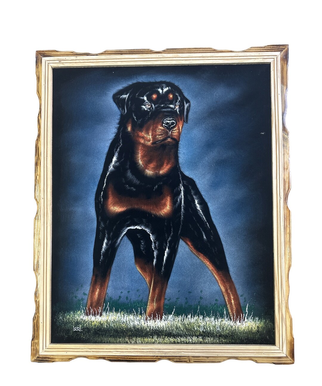 18" X 22" HAND PAINTED DOG , Velvet Painting , Framed , Signed ...