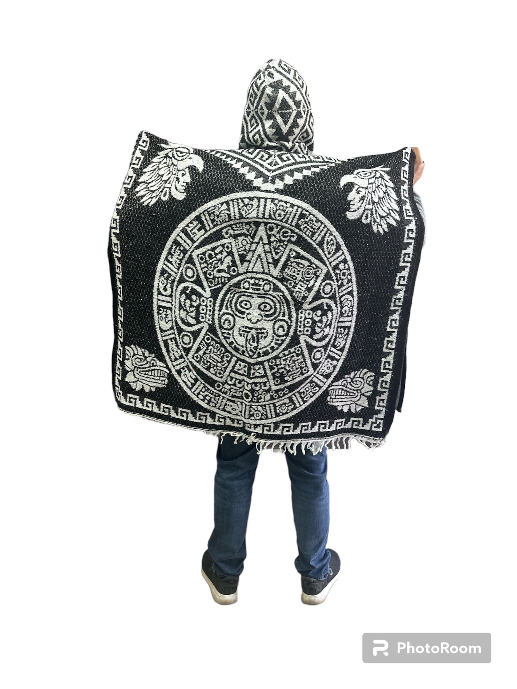 Mexican PONCHO With Hood , CALENDARIO AZTECA , One Size , Winter Poncho ...