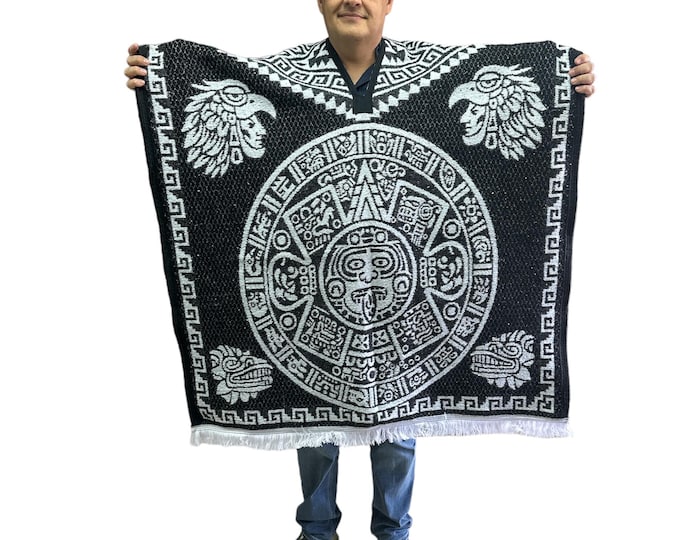 MEXICAN PONCHO AZTECA , One Size , Winter Poncho , Unisex , B&W , New ...