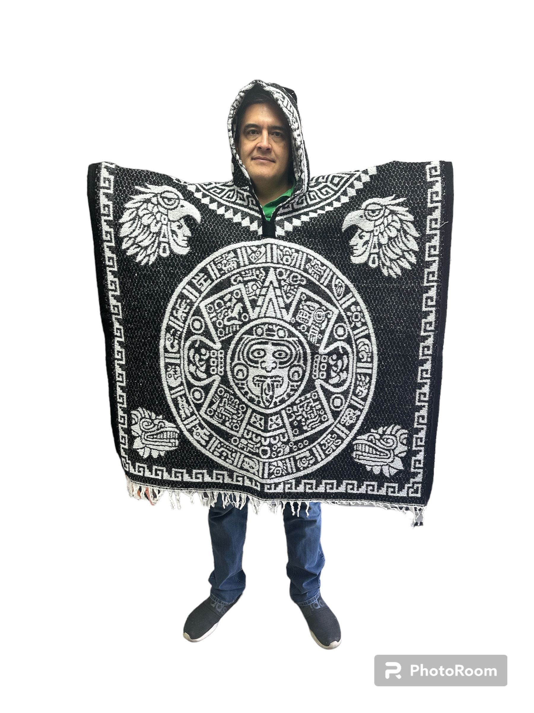 Mexican PONCHO With Hood , CALENDARIO AZTECA , One Size , Winter Poncho ...