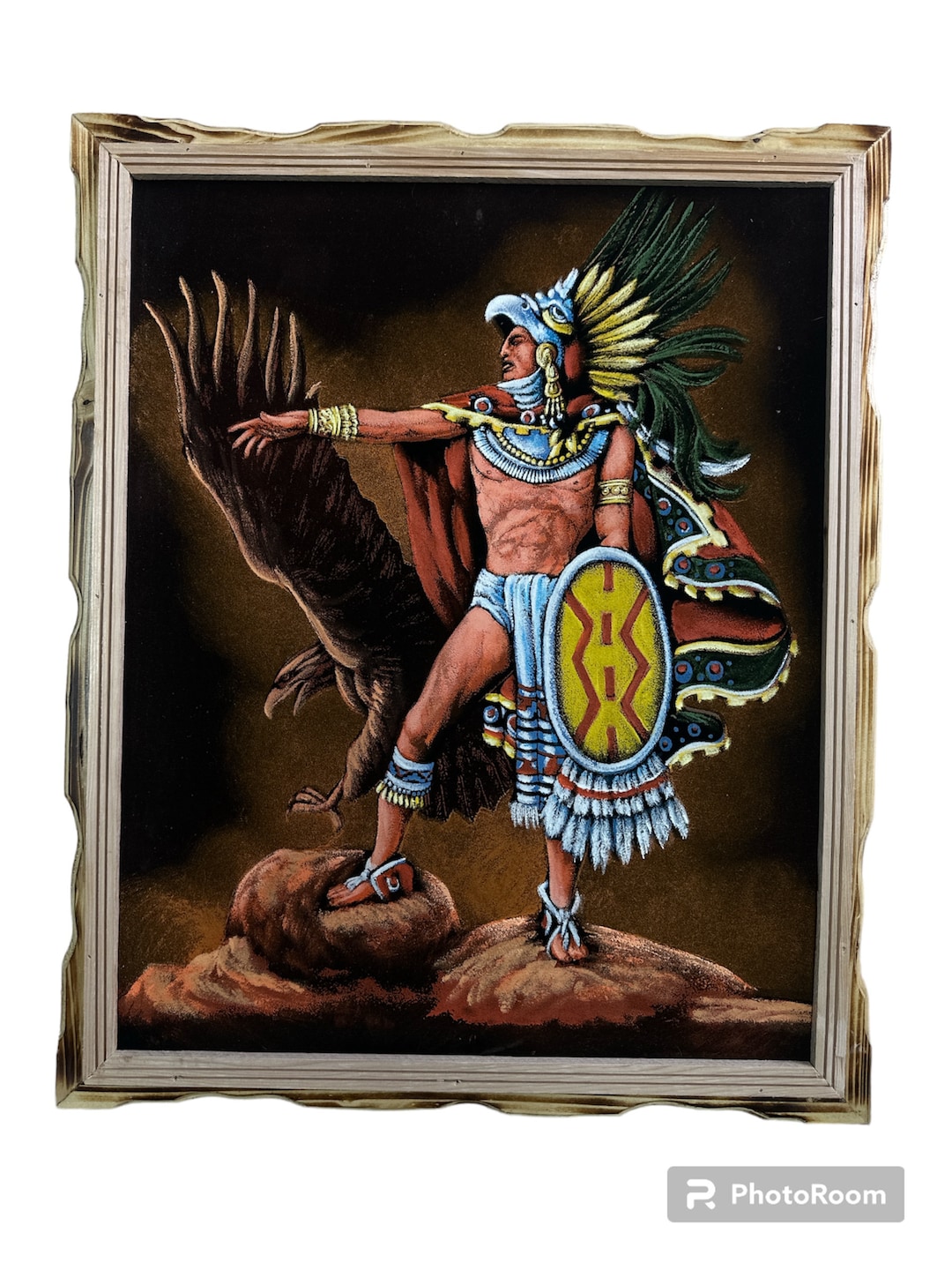 18" X 22" HAND PAINTED AZTEC , Velvet Painting , Framed , Signed ...