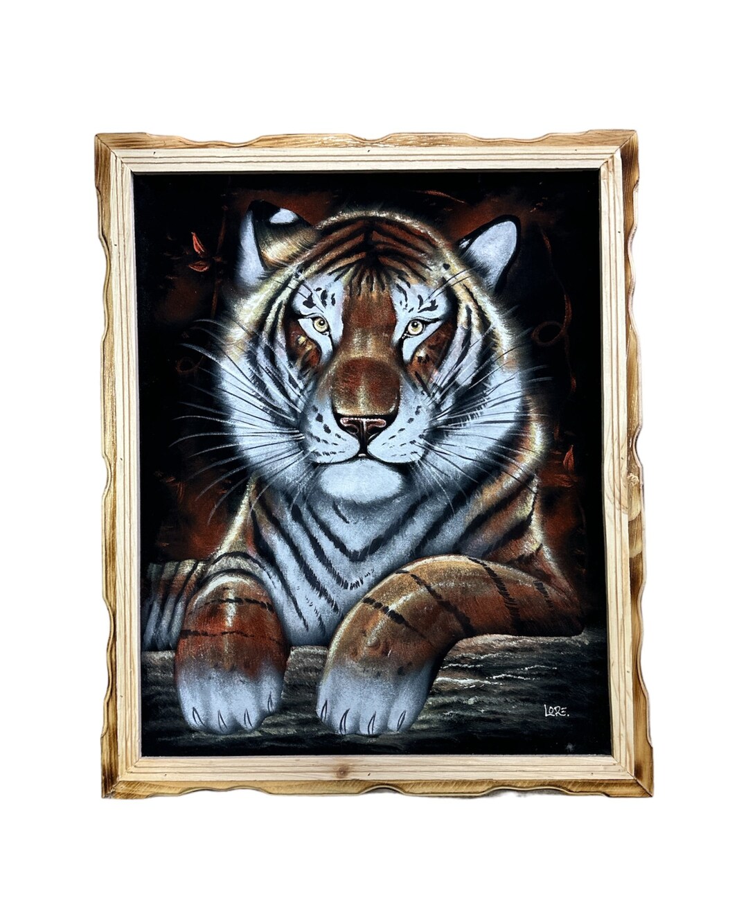 18" X 22" HAND PAINTED TIGER , Velvet Painting , Framed , Signed ...
