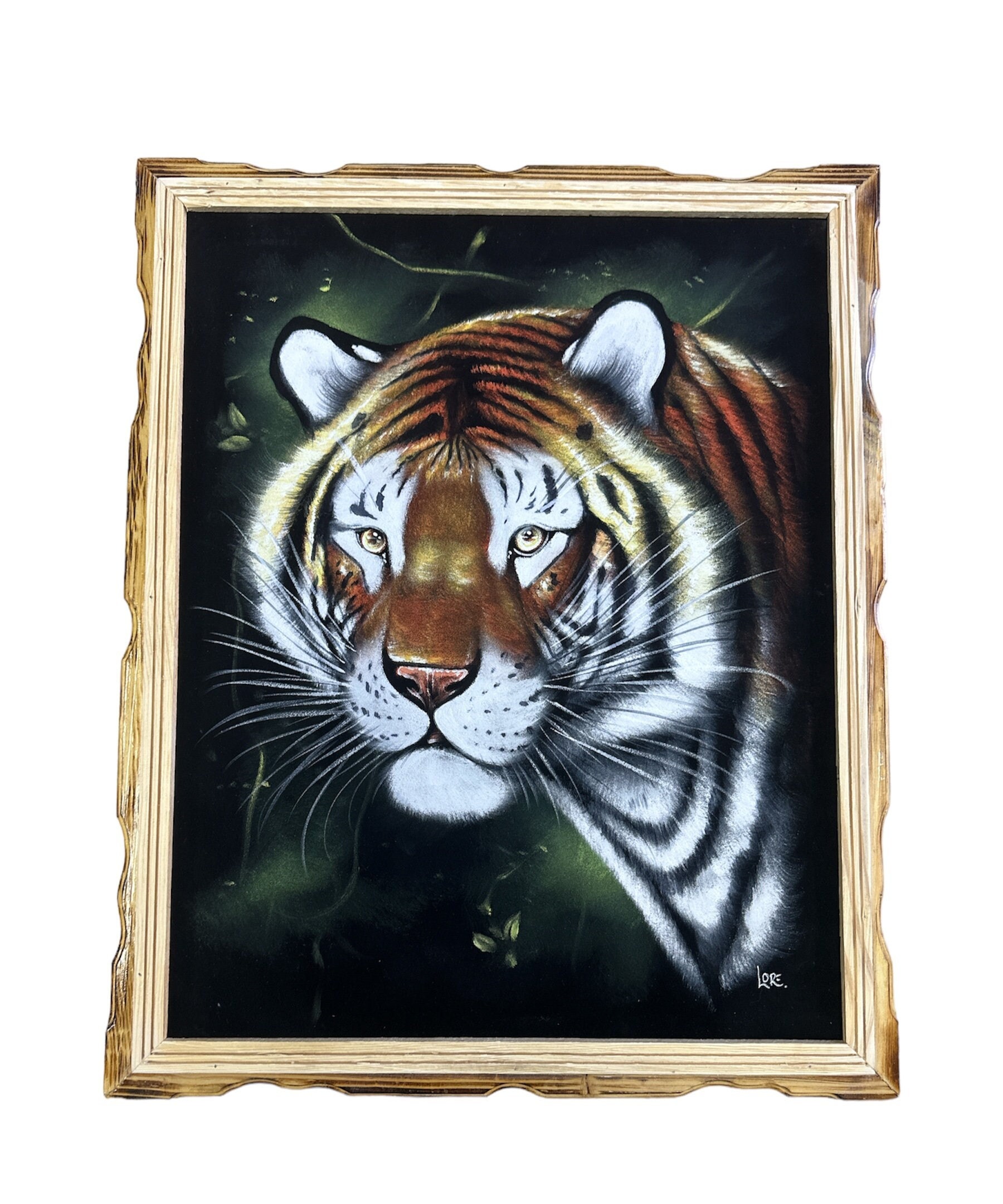 18" X 22" HAND PAINTED TIGER , Velvet Painting , Framed , Signed ...