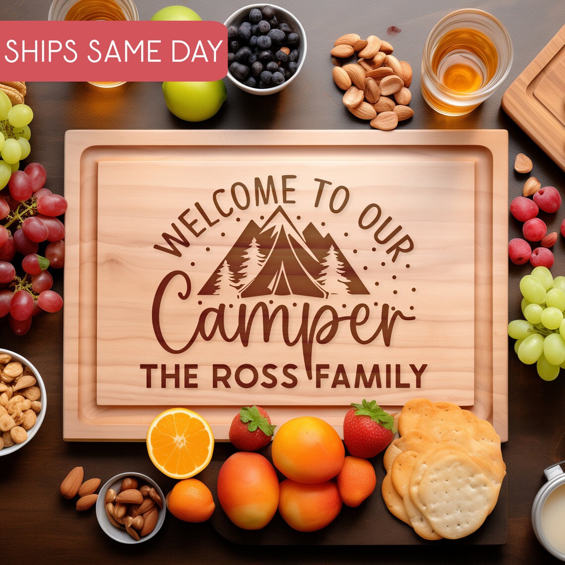 One Happy Camper Gifts, Personalized Cutting Board, Camper Decor Inside ...