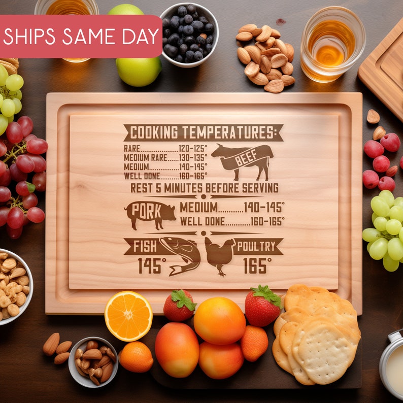 Cooking Temperature Chart, Wooden Cutting Board, Kitchen Measurements ...