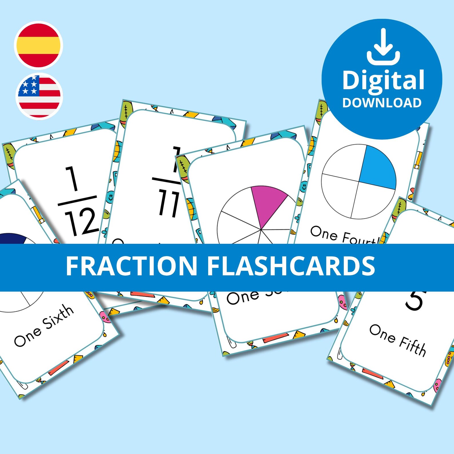 Fraction Flashcards Printable, Bilingual English and Spanish, Math ...