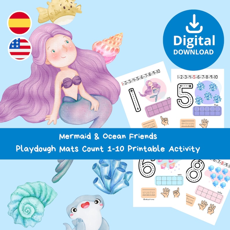 Mermaid & Ocean Friends Playdough Mats. Counting 1–10 Printable ...