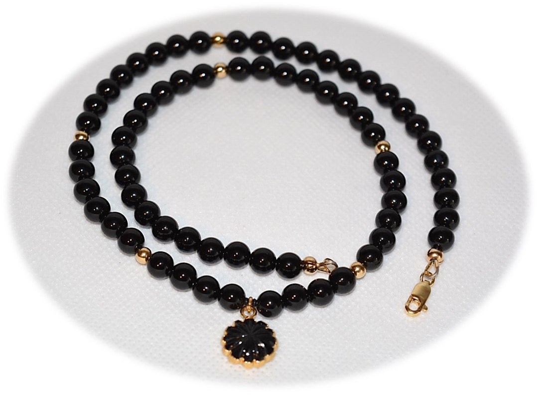 Exotic Black Onyx and 14k GF Beaded Necklace by Jama Studio, Carved ...