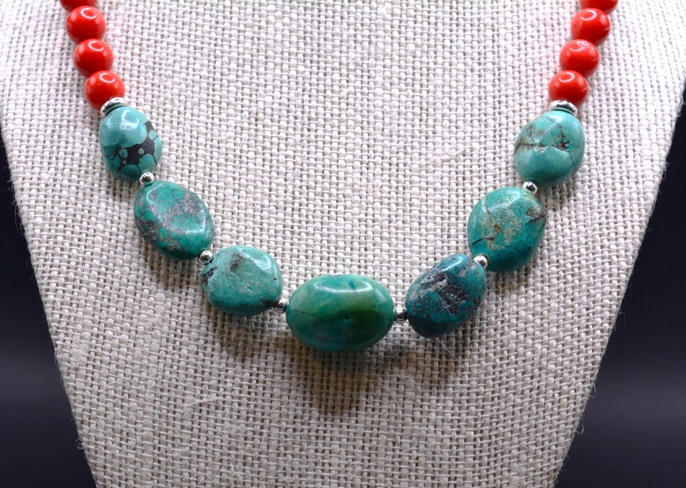 Natural Turquoise and Red Coral Bamboo Necklace, Coral and Turquoise ...