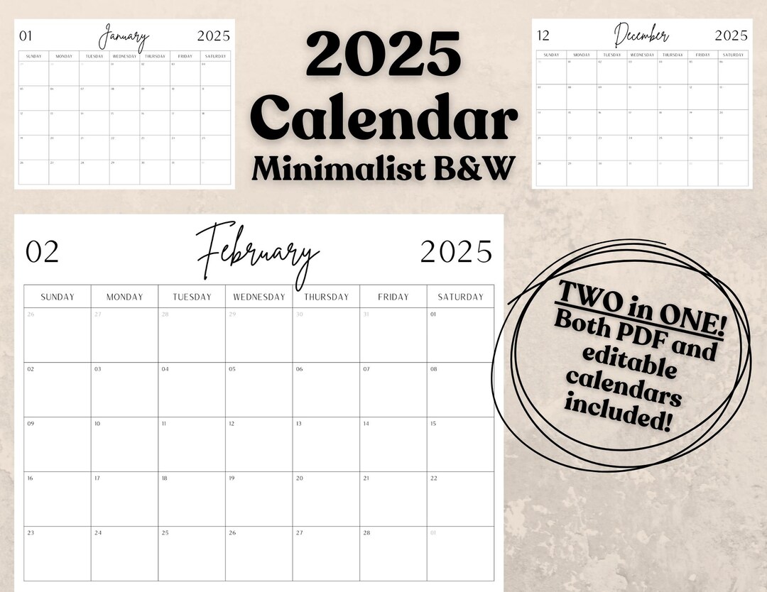 Editable & PDF 2025 Monthly Calendar - Simple Minimalist Black and ...