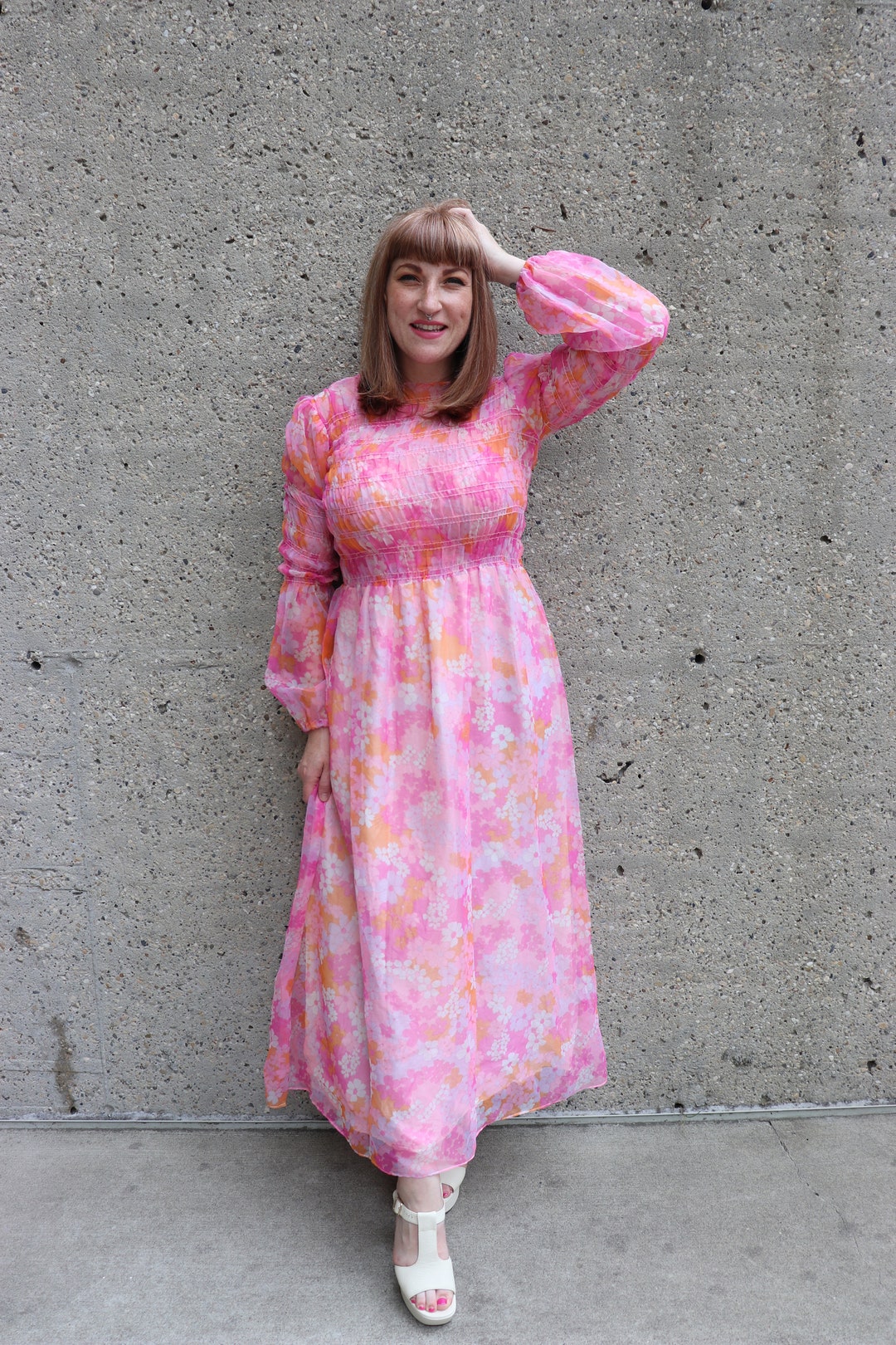 1970s Pink Floral Sheer Maxi Dress S-M - Etsy
