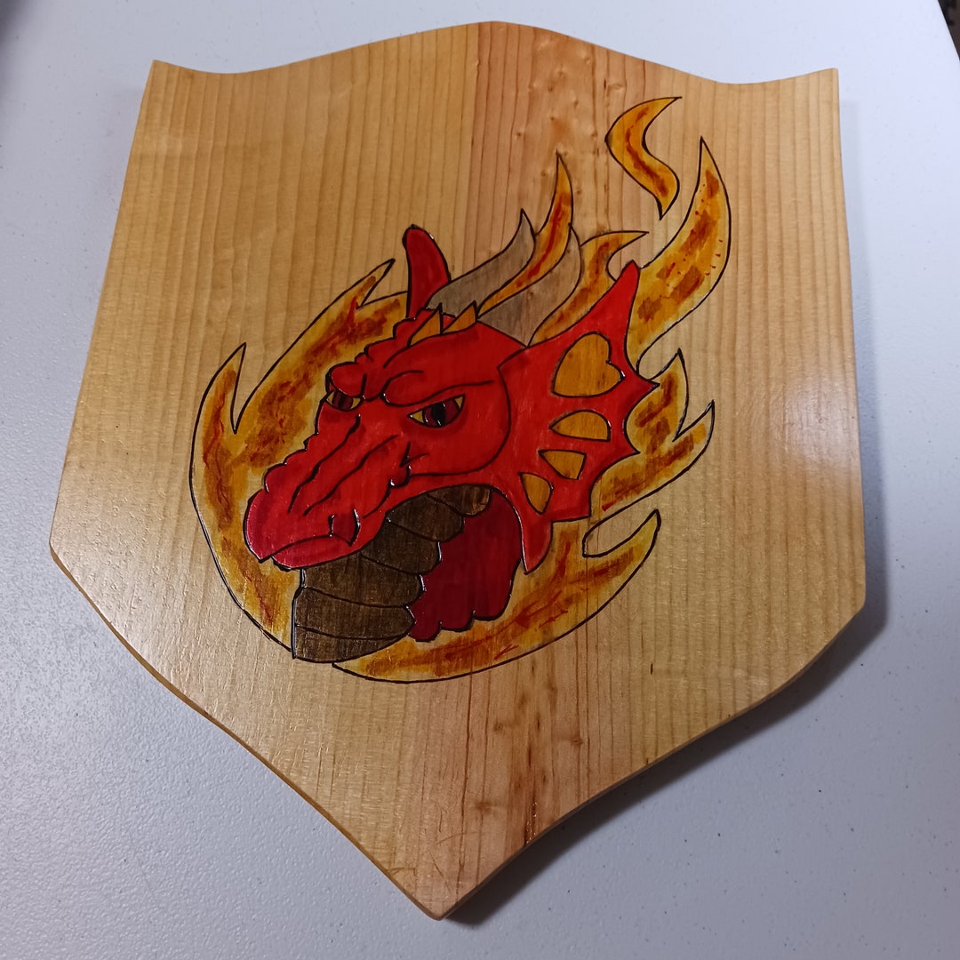 Handcrafted Wooden Fiery Red Dragon Medieval Knight Shield Wood Burned ...