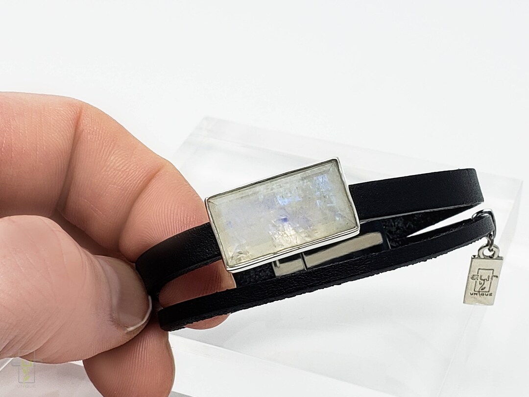 Leather and Moonstone Cuff Bracelet, Solid Sterling Silver Bezel ...