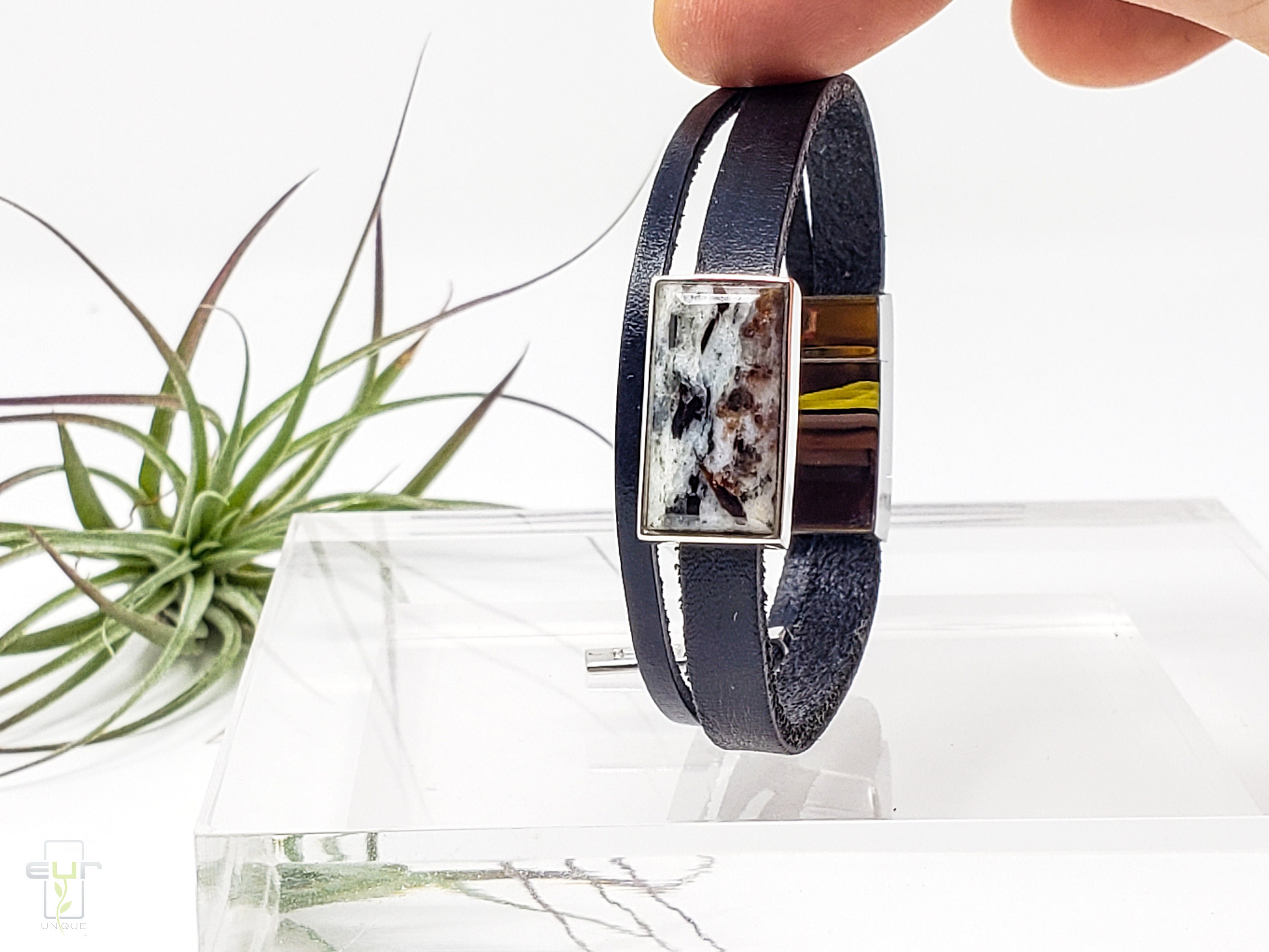 Leather and Astrophyllite cuff bracelet solid sterling silver | Etsy