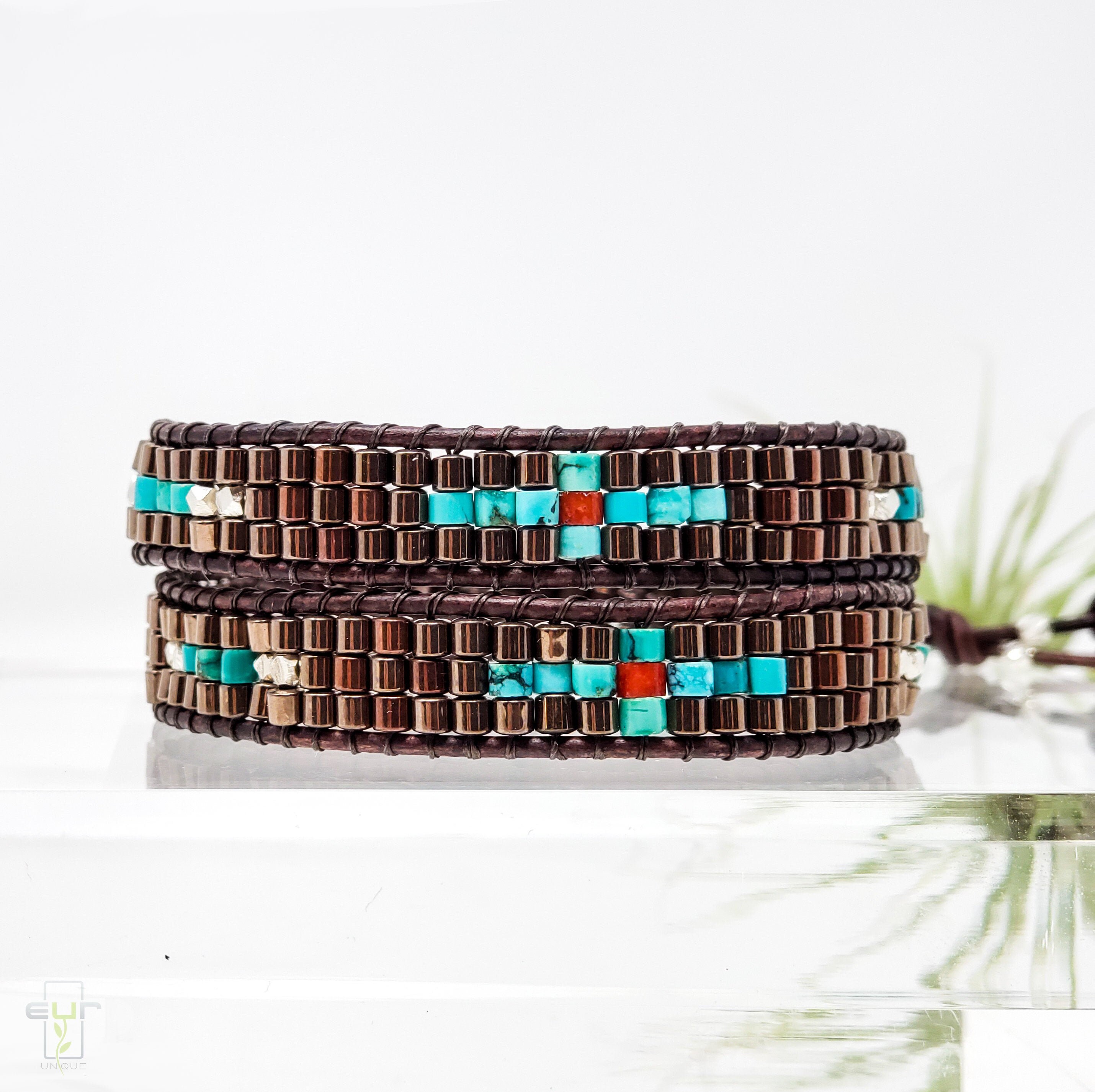 Leather Ladder Wrap Turquoise Heishi Apple Coral Brass and | Etsy