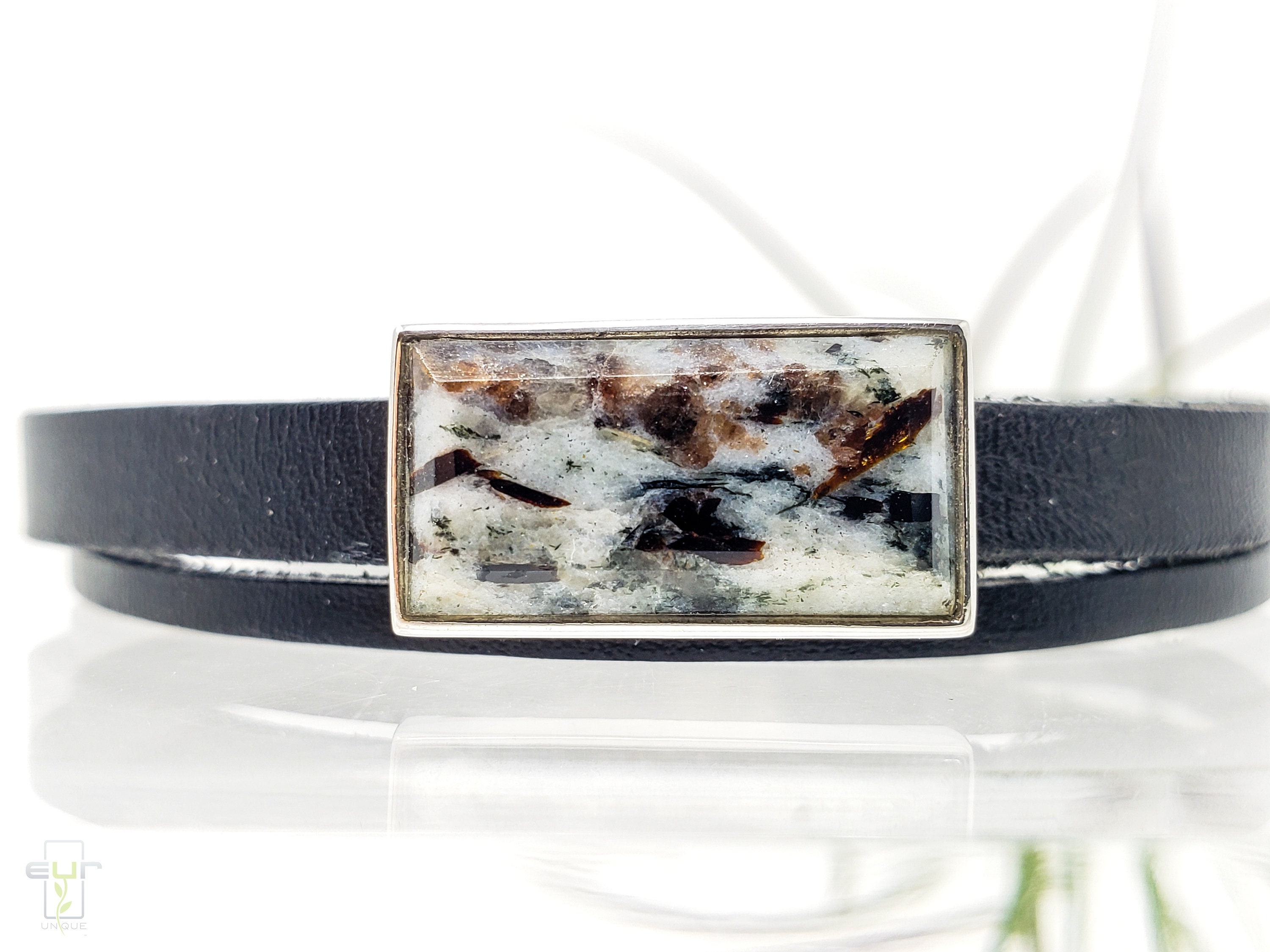 Leather and Astrophyllite cuff bracelet solid sterling silver | Etsy