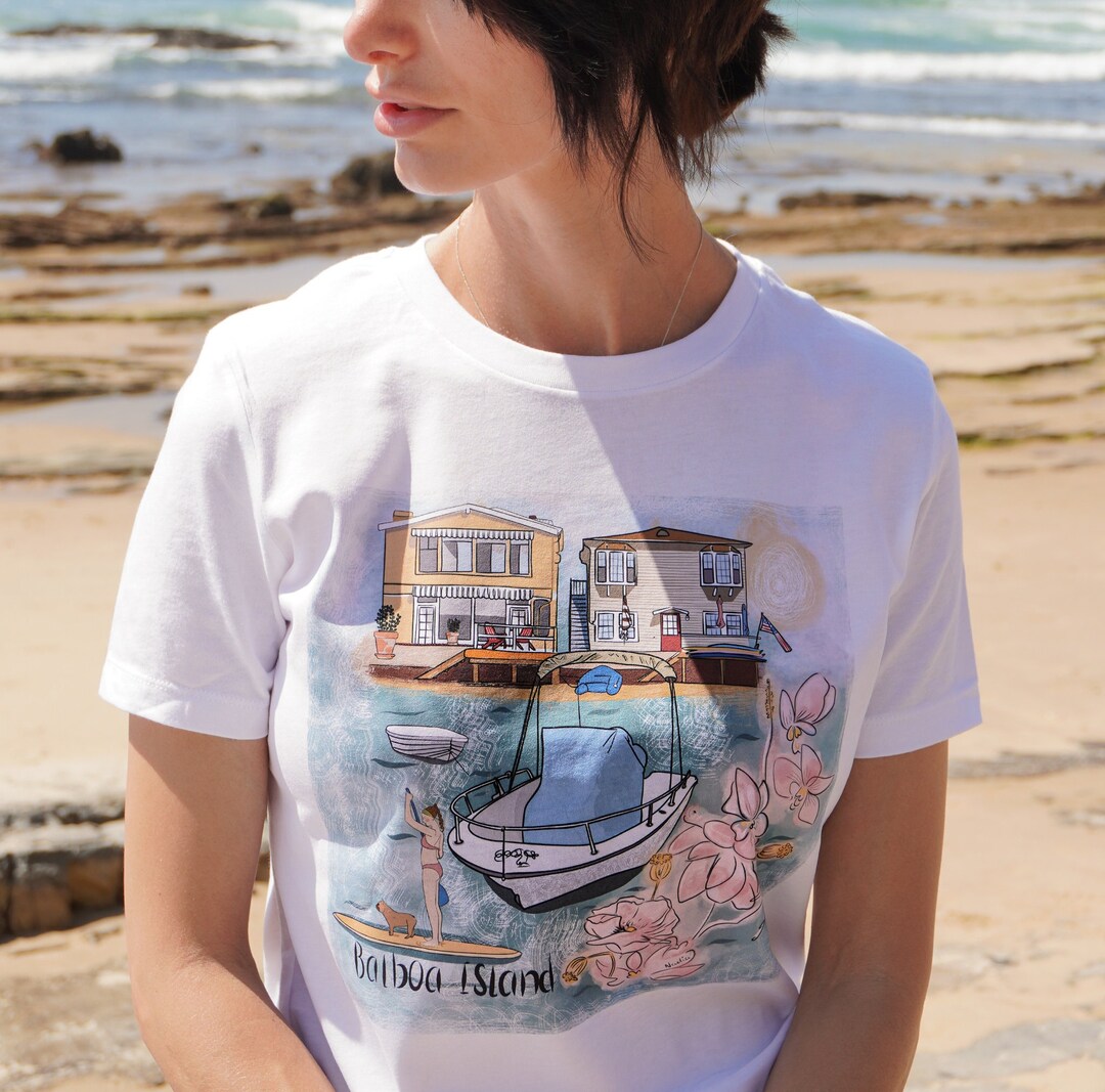 Balboa Island, Newport Beach, Hand-illustrated Tee Island Scene ...