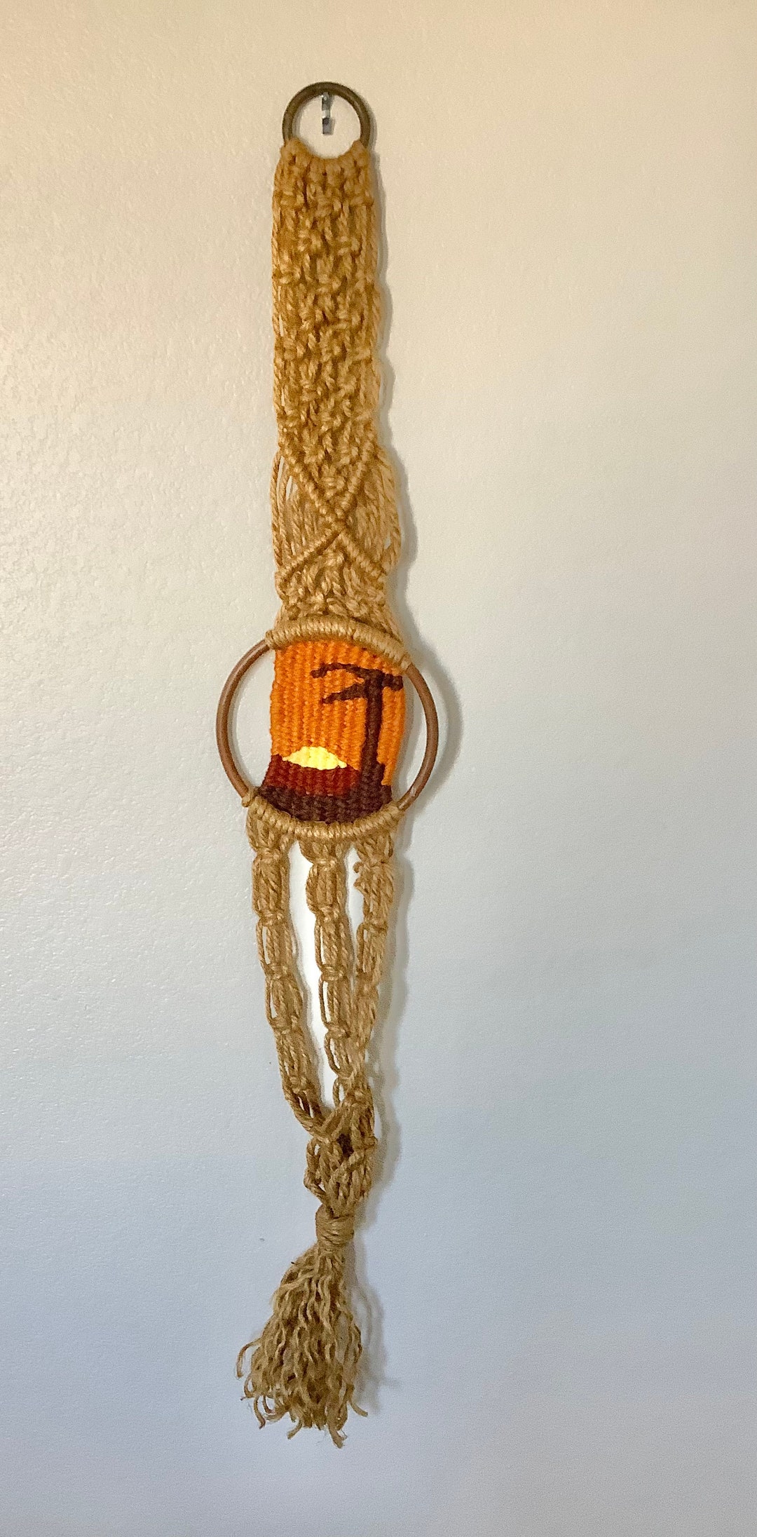 Vintage 1970s Handmade Macramé Sunset Orange Brown Yellow Wall Hanging ...