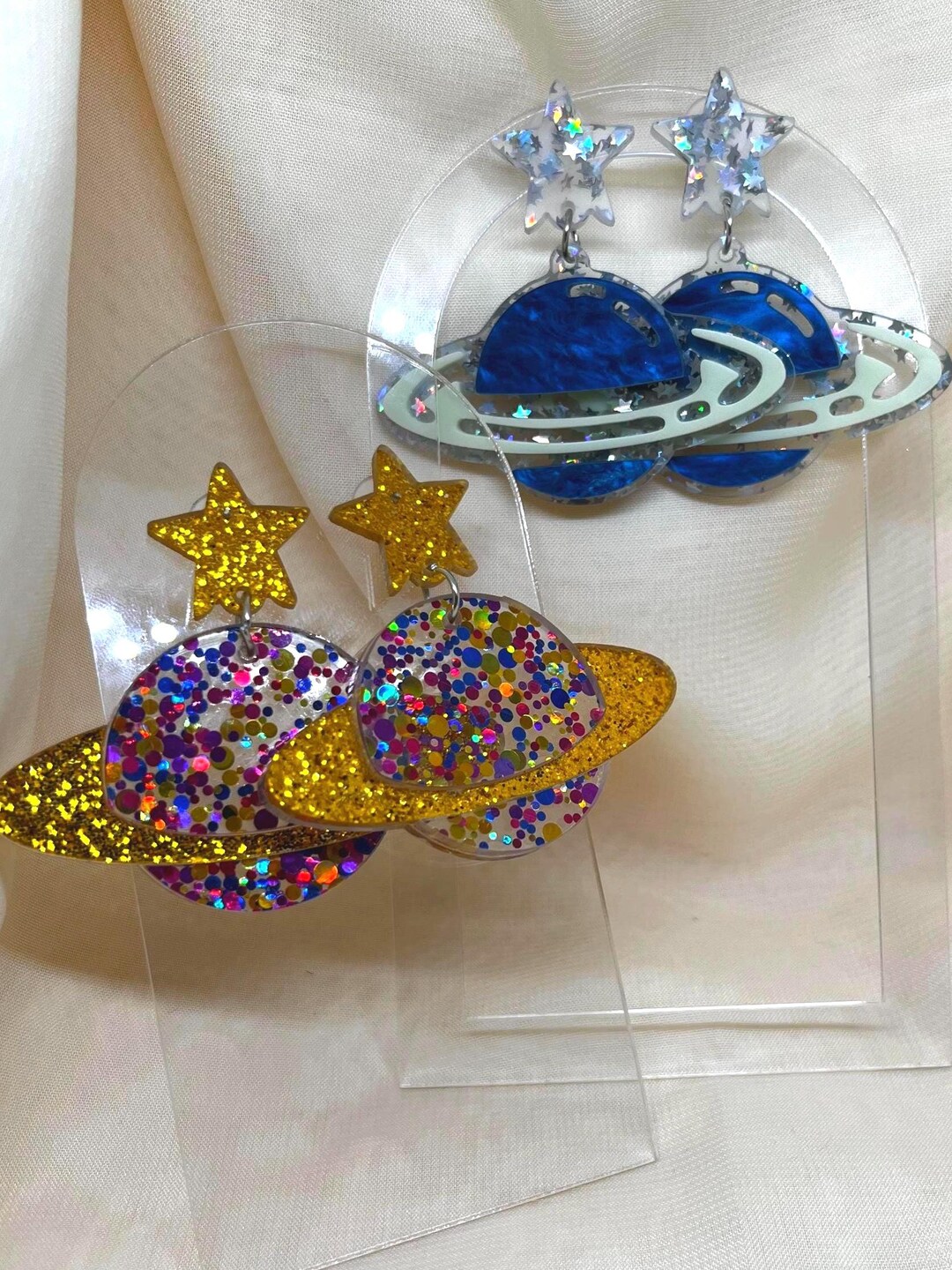 Planet of Stars & Ufos Funky Space Earrings - Acrylic Colorful Sparkle ...