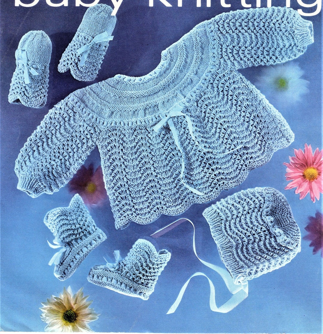 Baby Knitting Pattern, Jacket, Bonnet, Mitts and Bootees, Size 18 to 19 ...