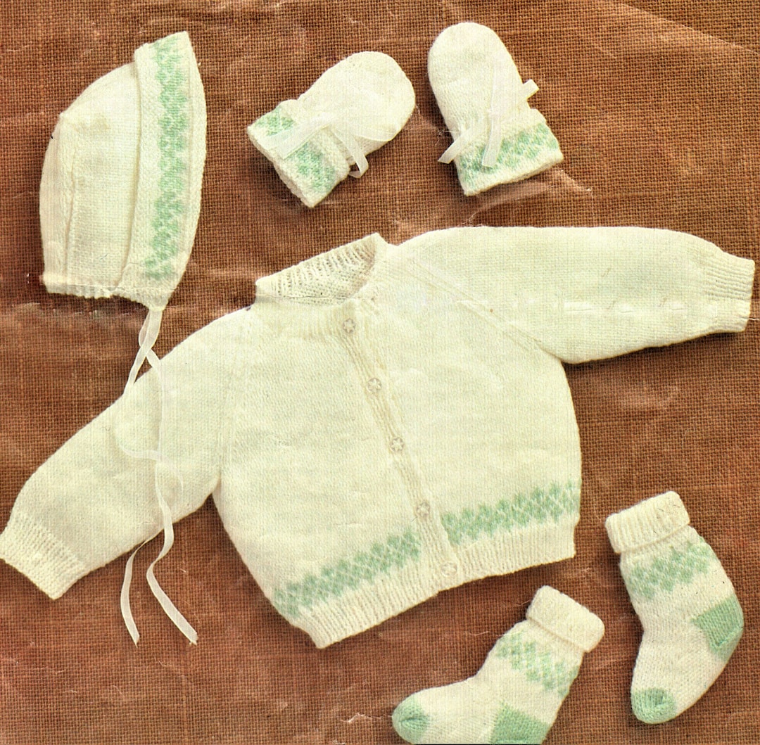 Baby Knitting Pattern, Cardigan, Bonnet, Mittens, Socks, Size 12 to 18 ...
