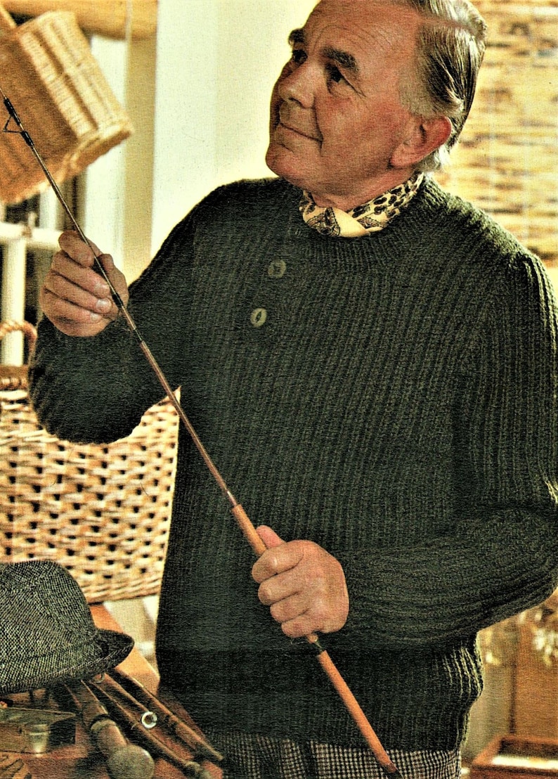 Mens Knitting Pattern, Ribbed and Button Jumper, Size 36 to 42 Inch ...