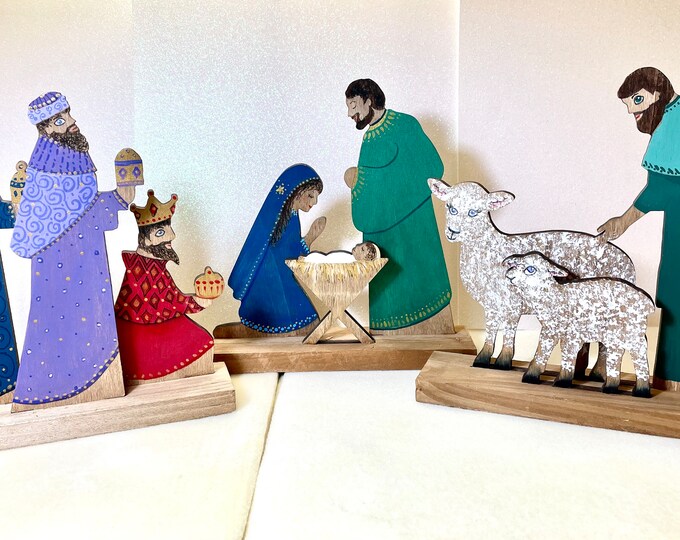 Hand Painted Wood Nativity Set. Christian Gift. Christmas Gift. Stand ...