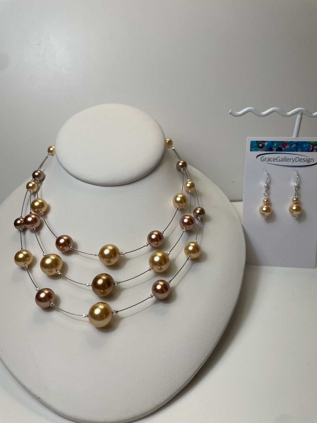 Swarovski Pearl Triple Necklace Shades of Gold. Elegant 3 Strand ...