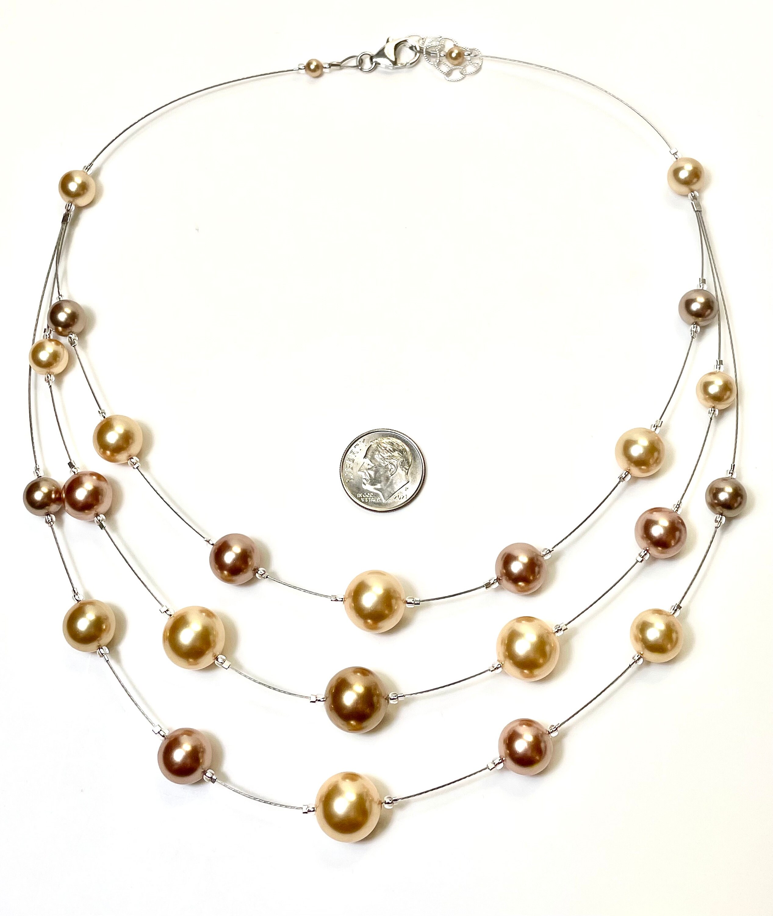 Swarovski Pearl Triple Necklace Shades of Gold. Elegant 3 Strand ...