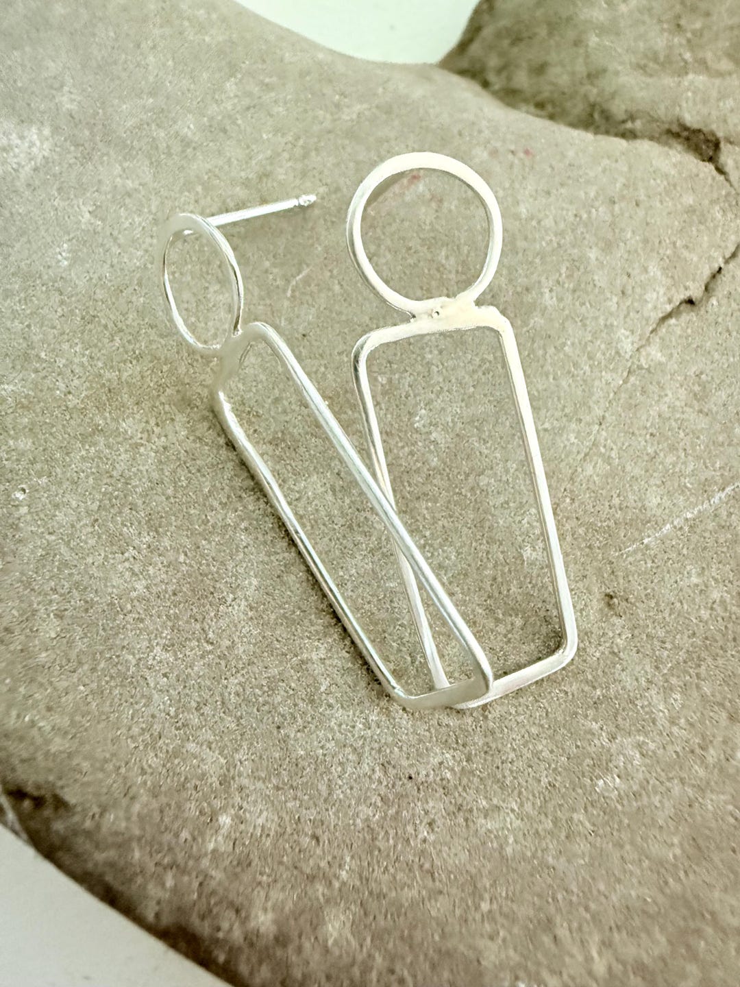 Silver Geometric Stud Earrings, Modern Drop Earrings Handmade - Etsy