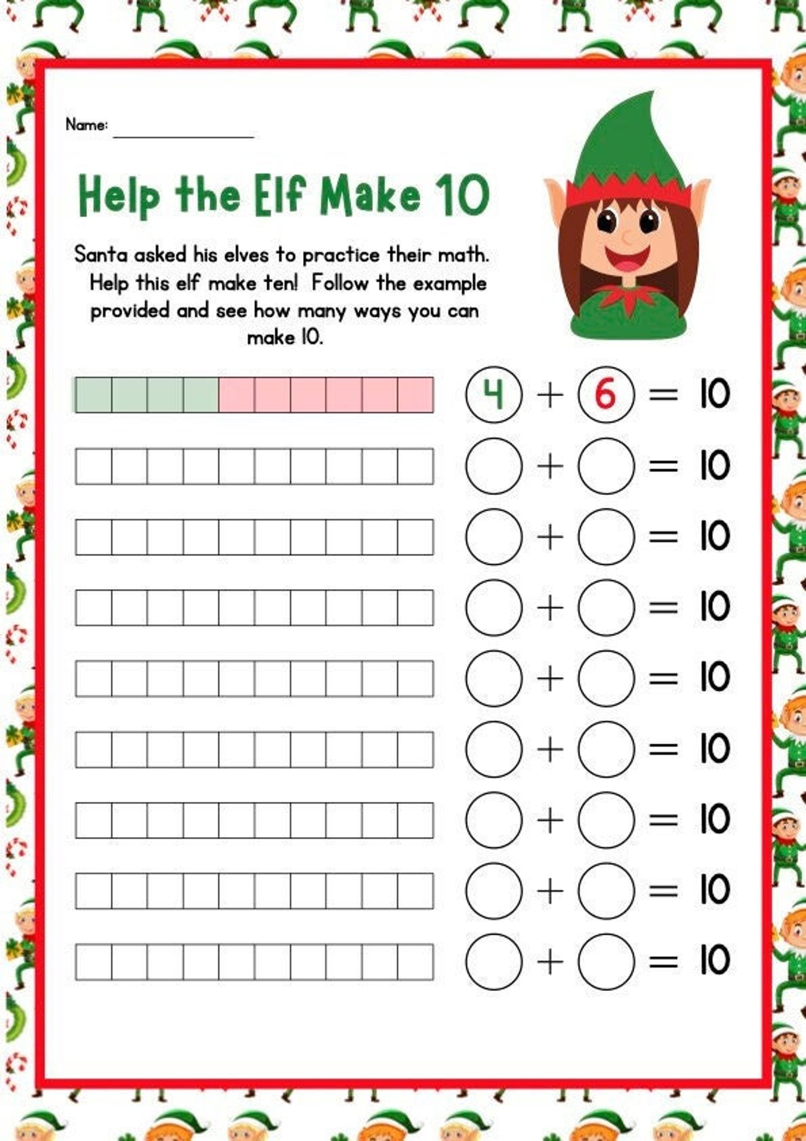 Help the Elf Make 10 Math Worksheet- Printable Math Worksheet- Math ...