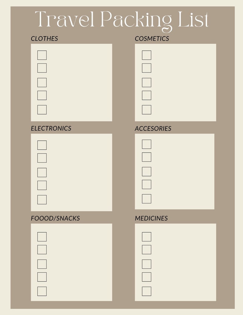 Travel Packing Checklist Printable Template -SVG - Etsy