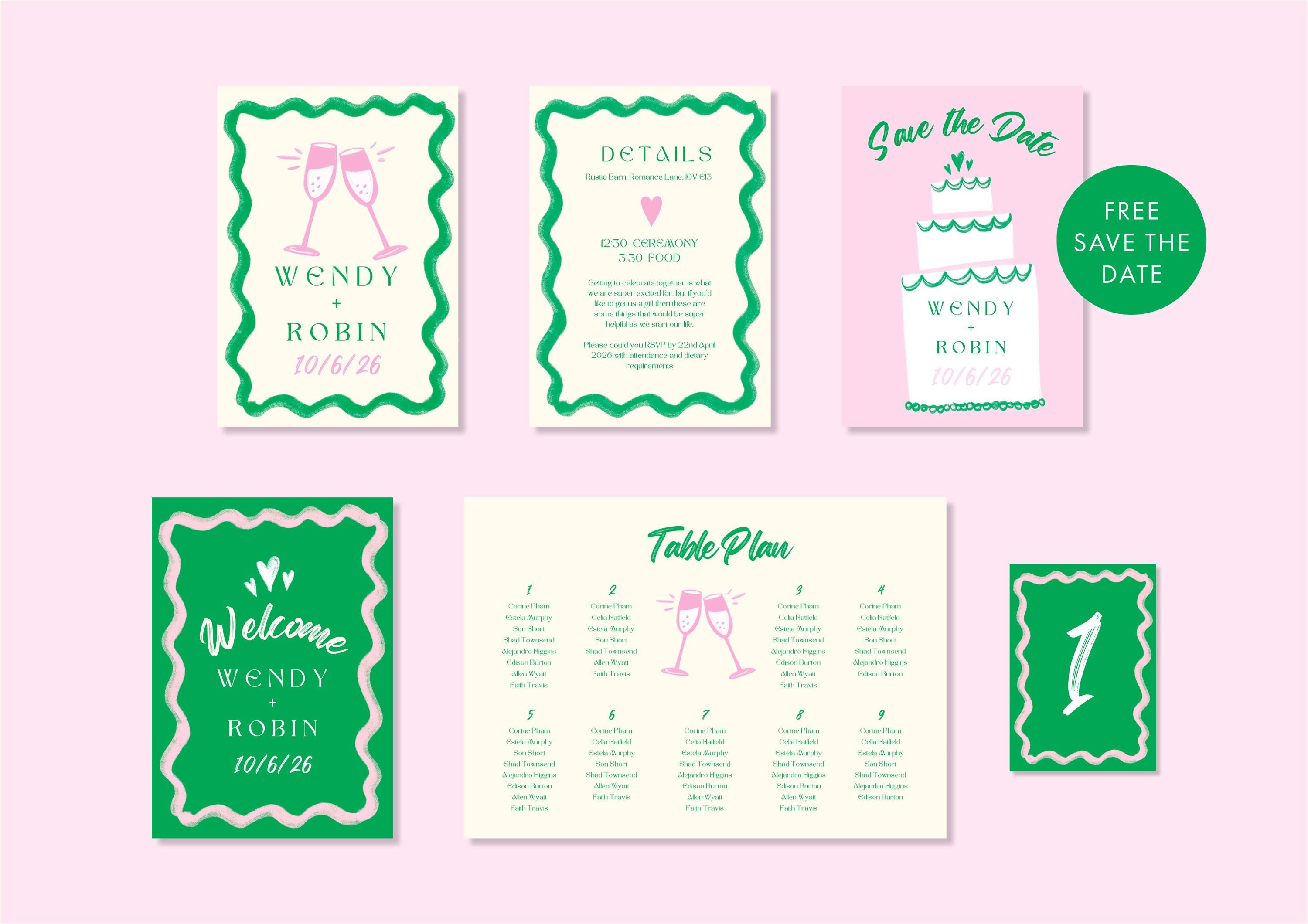 Hand-drawn Wedding Invitation Template: Pink & Blue Retro Design - Etsy