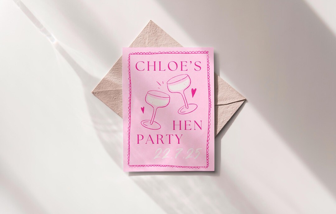 Illustrated Hand Drawn Hen Party Cocktail Glass Invite | Pink ...