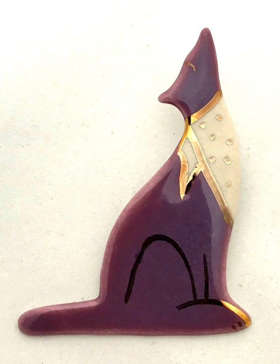 Handmade 1980s ceramic coyote pin - Gem