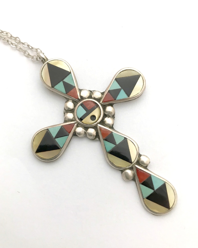 1980s Zuni Signed Mosaic Inlay Cross Pendant by Zeno and Mary Ann ...