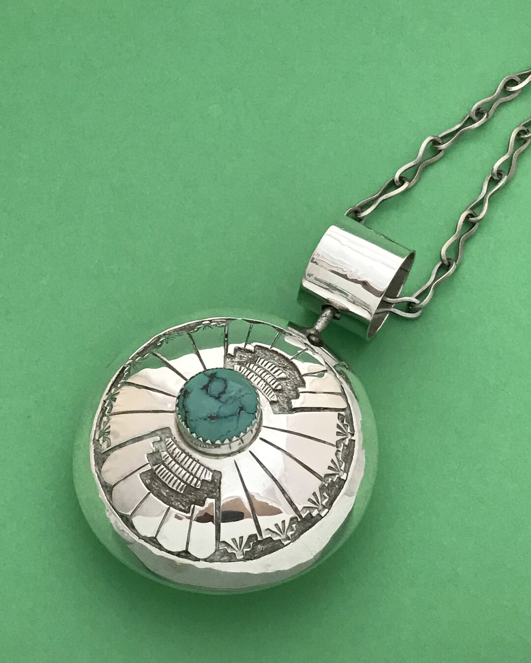 1980s Navajo Leander Nezzie Two-sided Fox Turquoise Pendant With Bear ...