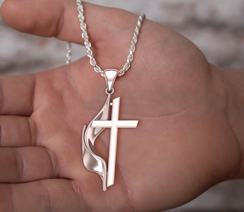 US Jewels Men's 925 Sterling Silver Large Methodist Cross Flame Pendant ...