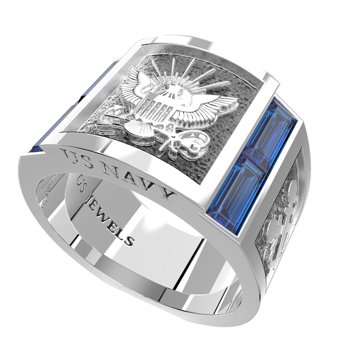 Men's Heavy 925 Sterling Silver US Navy Ring Band With Synthetic ...