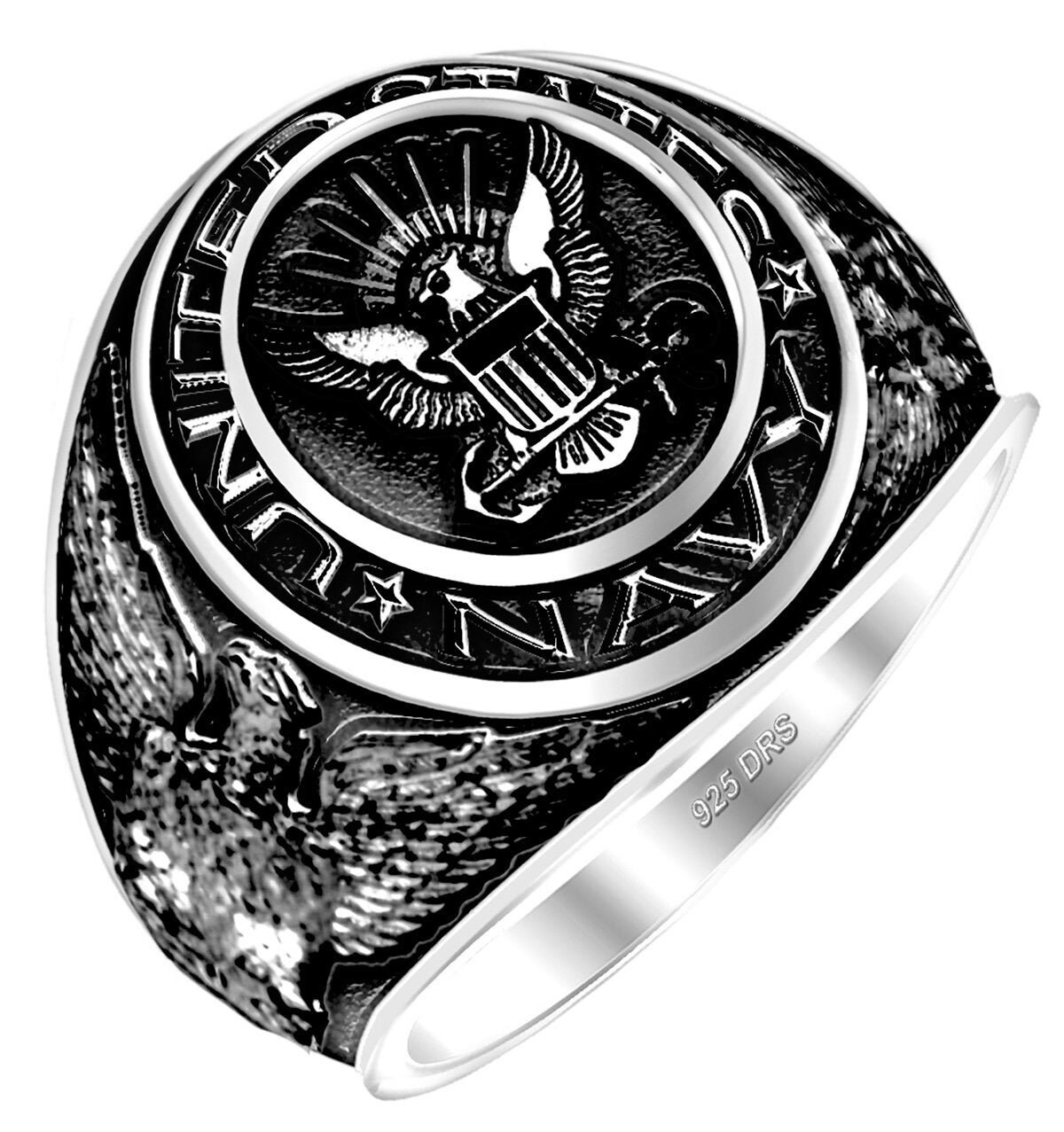 Men's Antiqued 0.925 Sterling Silver US Navy Military Solid Back Ring ...