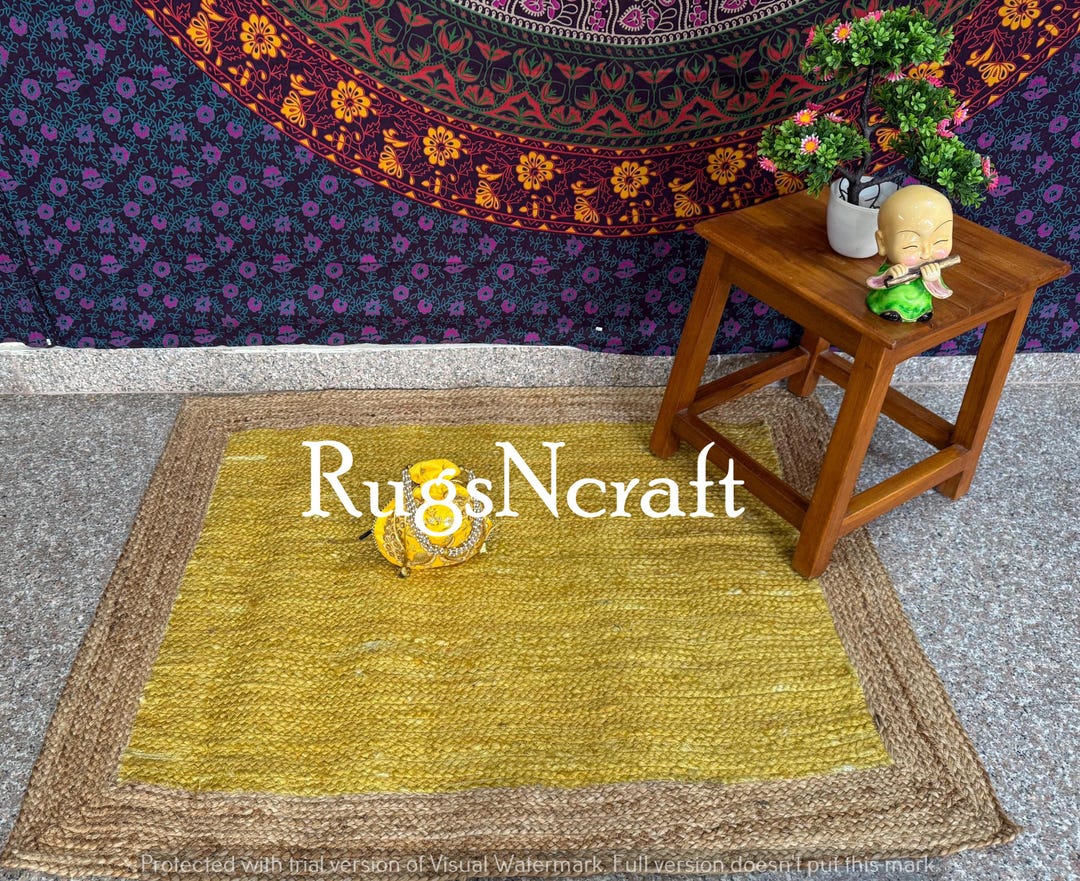 Hand Braided Square Rug - 5x5 Feet - Yellow & Beige Color Jute - Boho ...