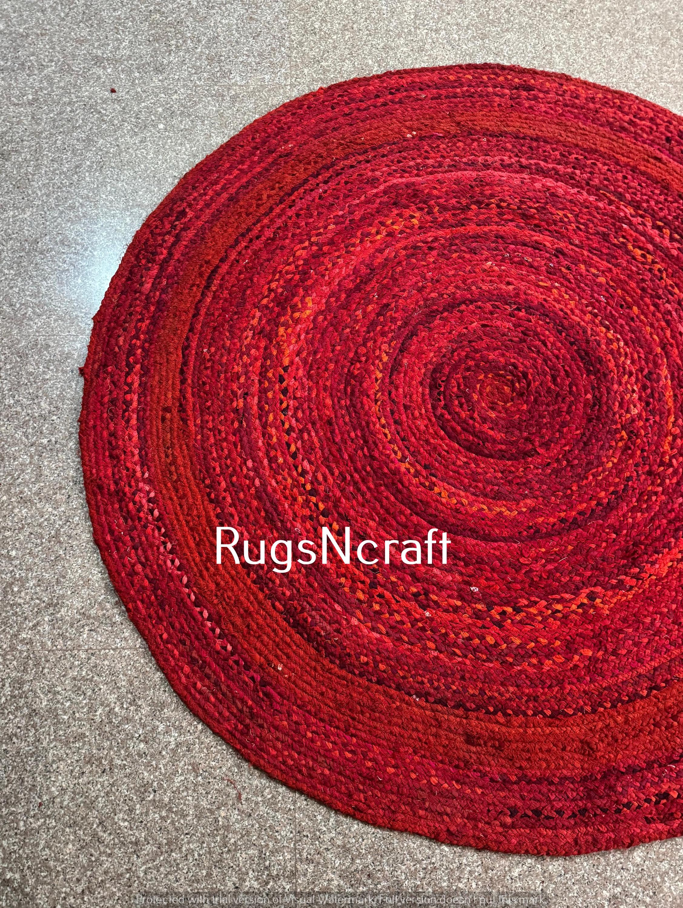 Handmade Braided Round Rug: Bohemian Red Cotton Area Rug - Etsy
