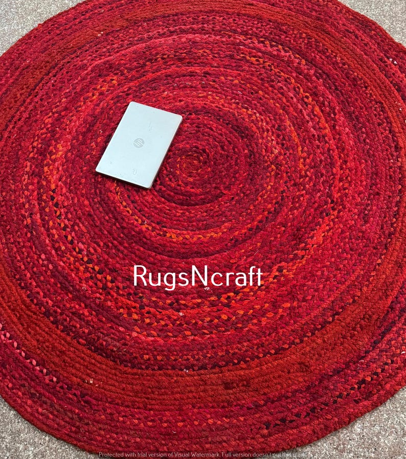 Handmade Braided Round Rug: Bohemian Red Cotton Area Rug - Etsy
