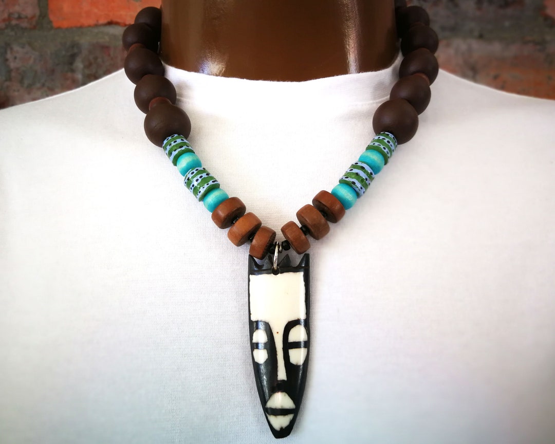 Mask Necklace - Men's African Bead Necklace - Men's African Pendant ...