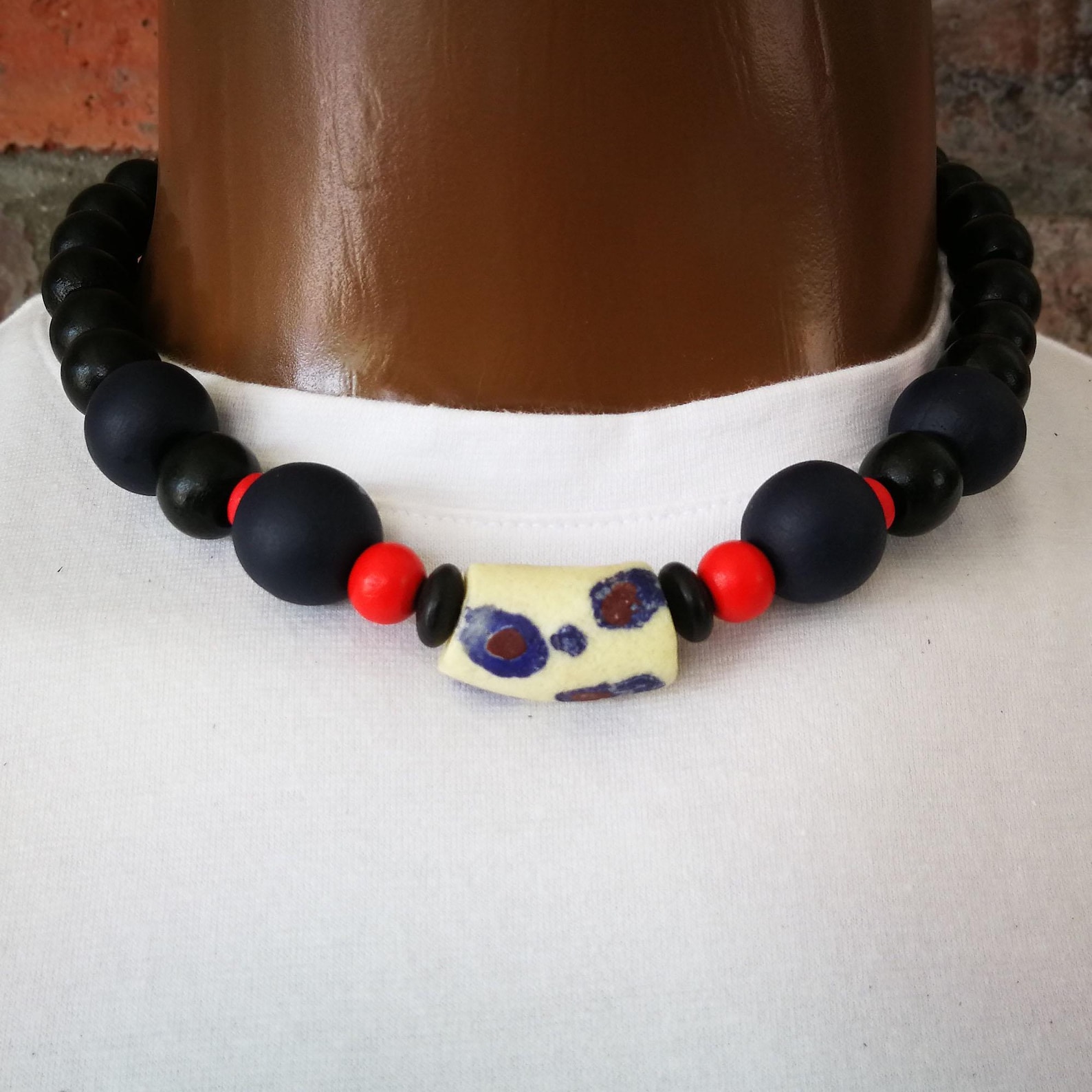 Mens African Necklace - Mens Wood Bead Necklace - Mens African Beaded ...